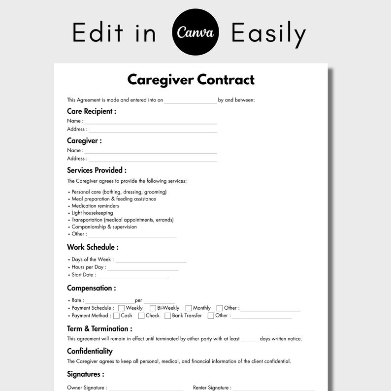 One Page Caregiving Contract, Editable Homecare Agreement, Printable ...