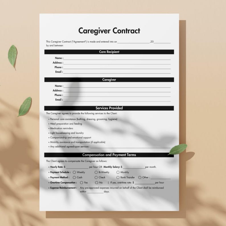 Editable Caregiving Agreement, Printable Homecare Contract, Caregiving ...