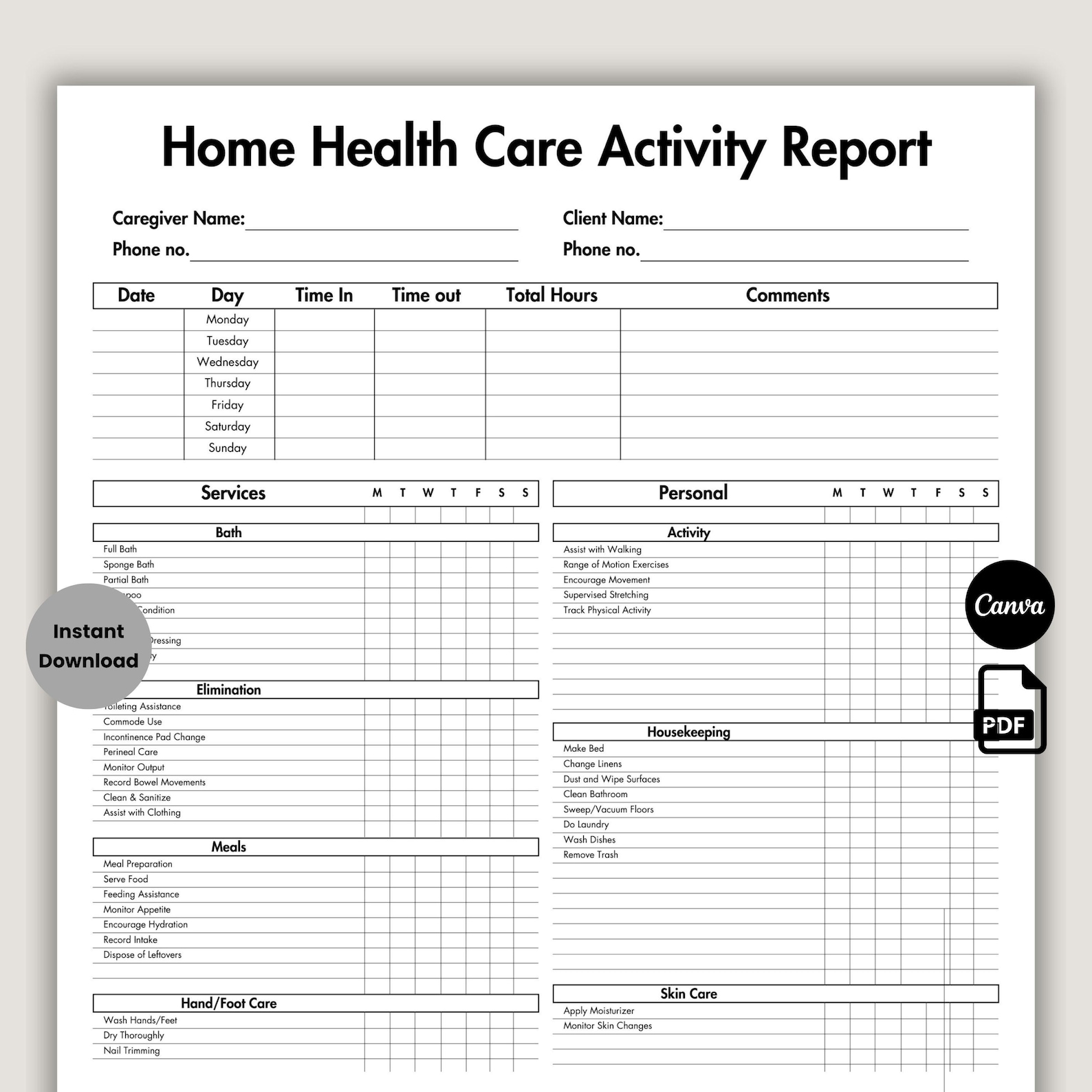 Editable Home Health Caregiver Activity Report, Caregiver Checklist ...