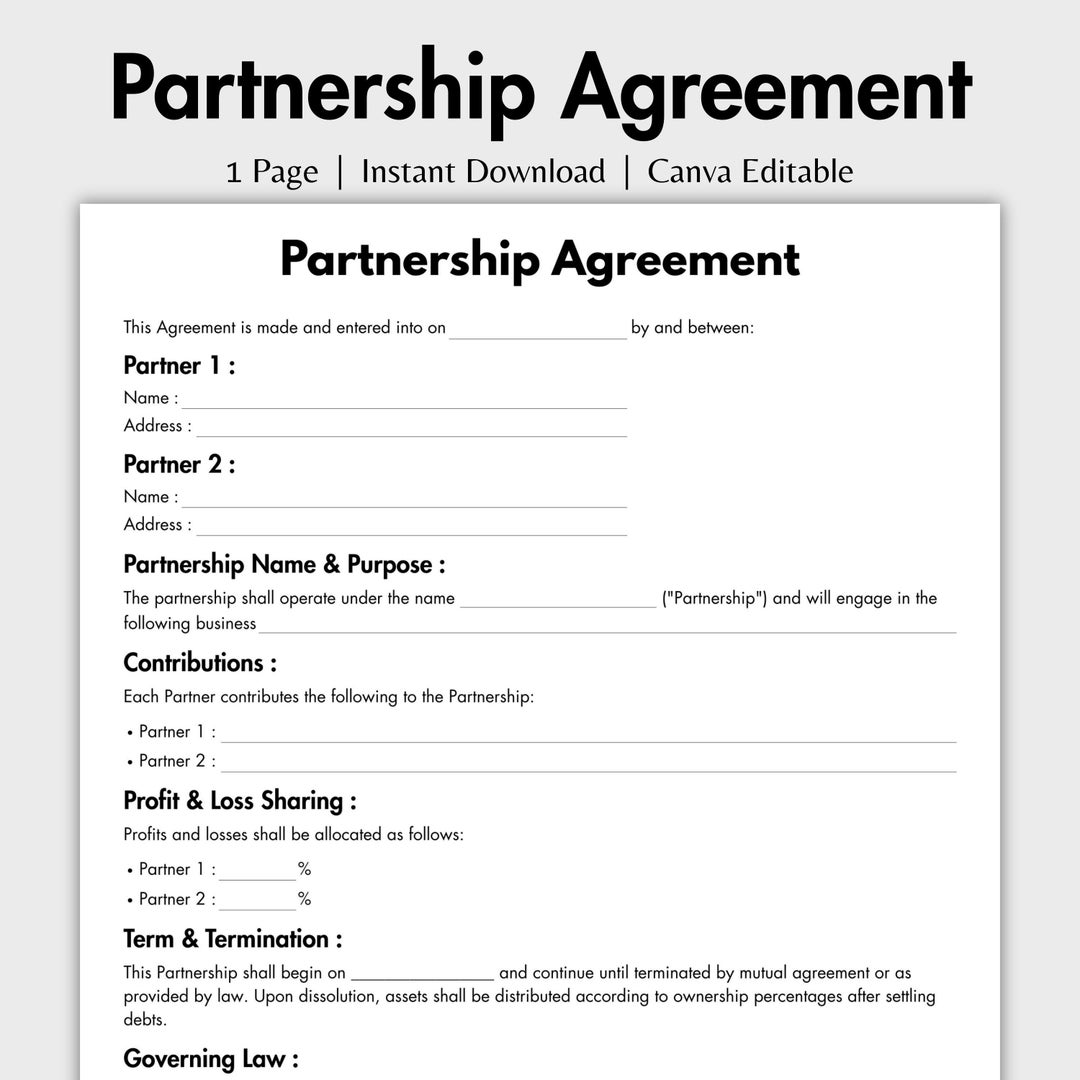 One Page Partnership Agreement, Editable Agreement for Small Business ...