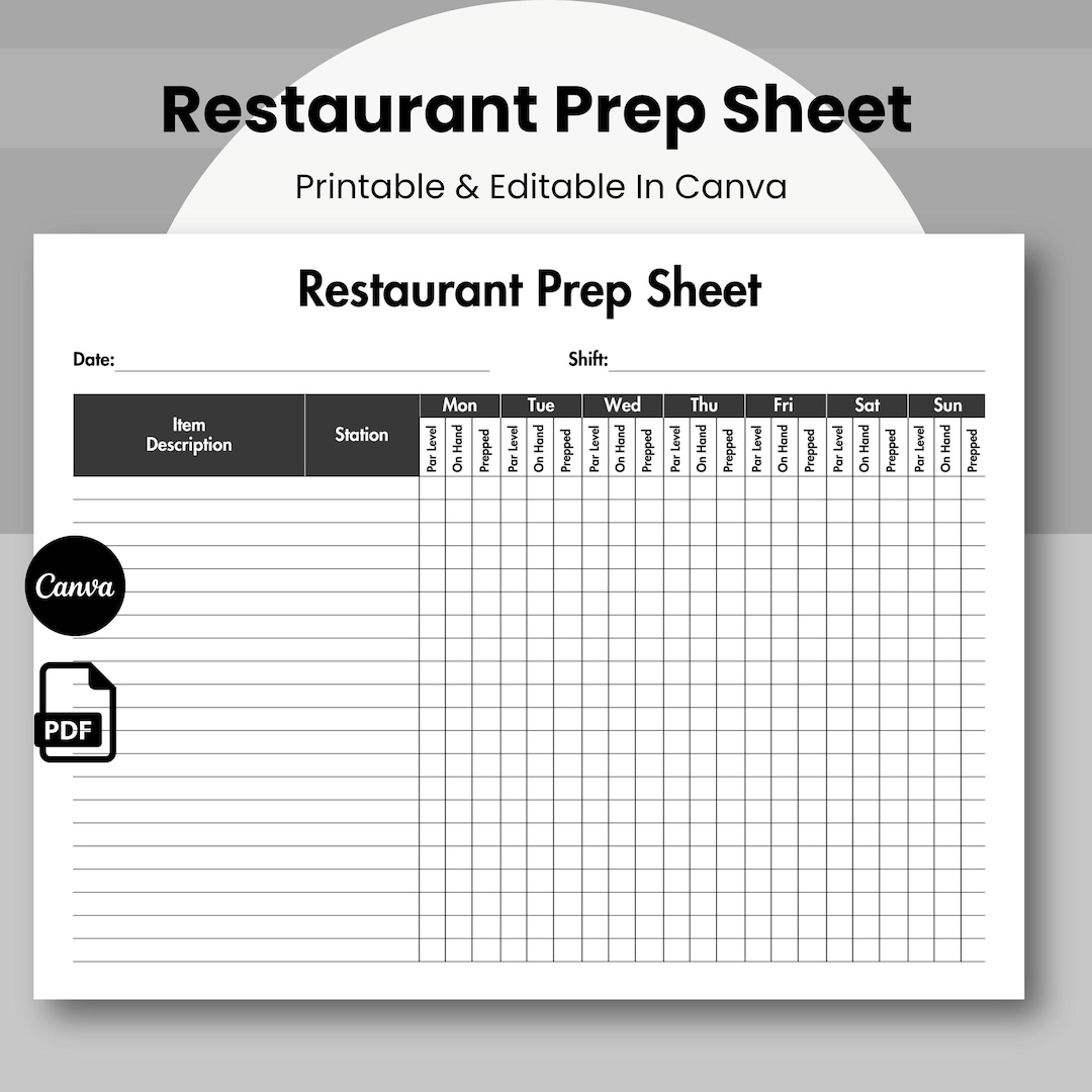 Restaurant Prep Sheet Template Black, Printable Restaurant Prep ...
