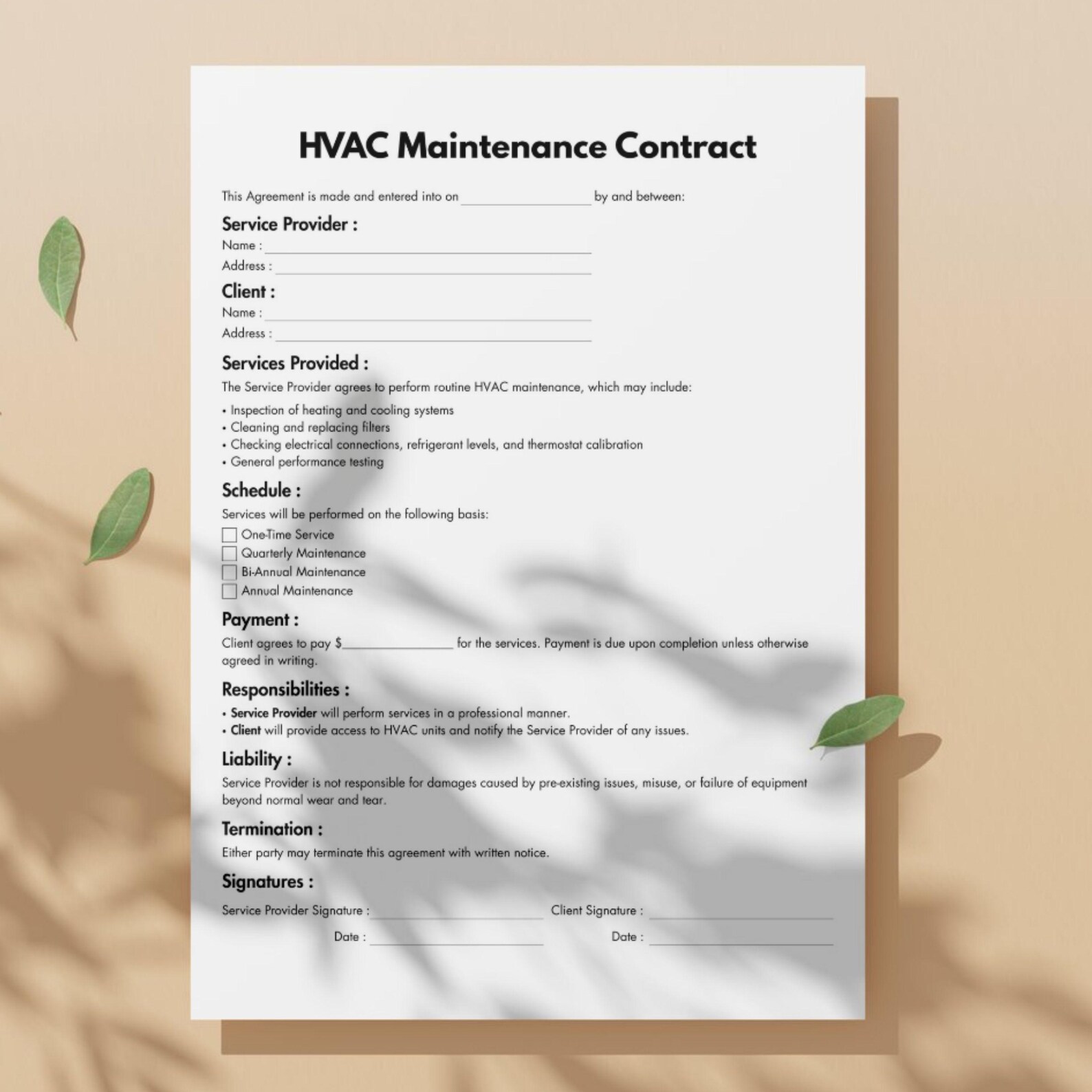 One Page HVAC Maintenance Contract, Editable Heating & Cooling Service ...