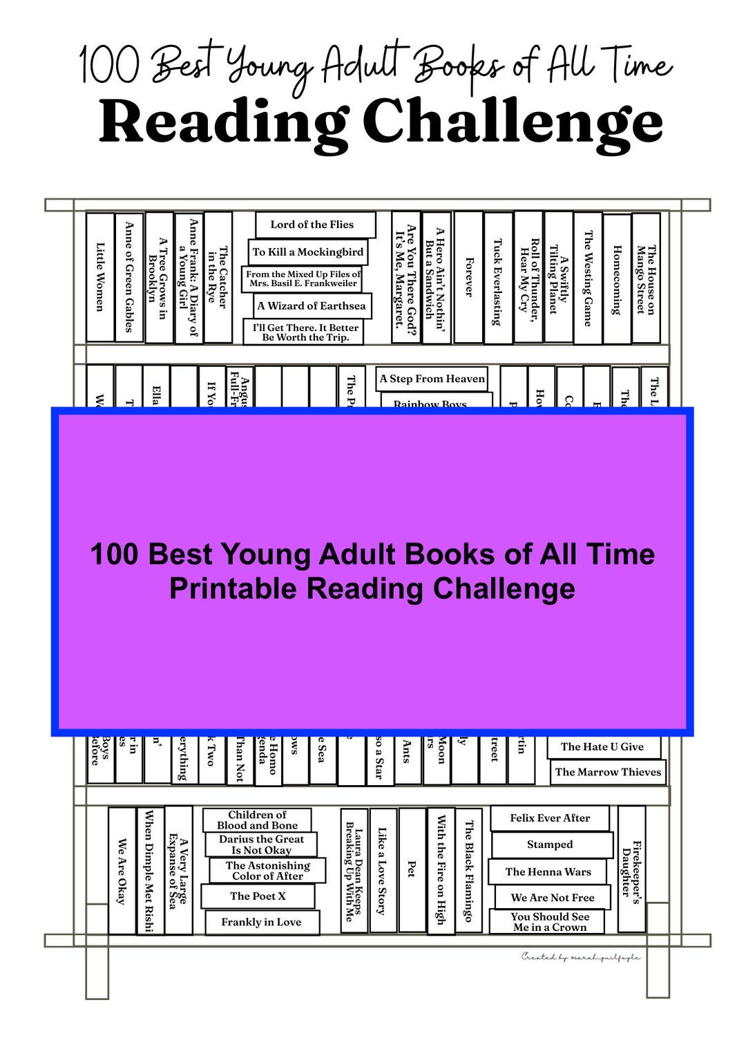 100 YA Books Reading Challenge, Bookshelf Tracker (A3 Printable) - Etsy