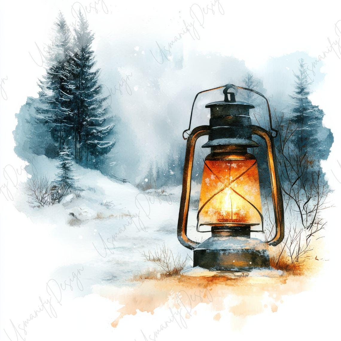 32 Lantern Clipart, Watercolor Lamp, Glowing Light in Snow, Cozy Winter ...