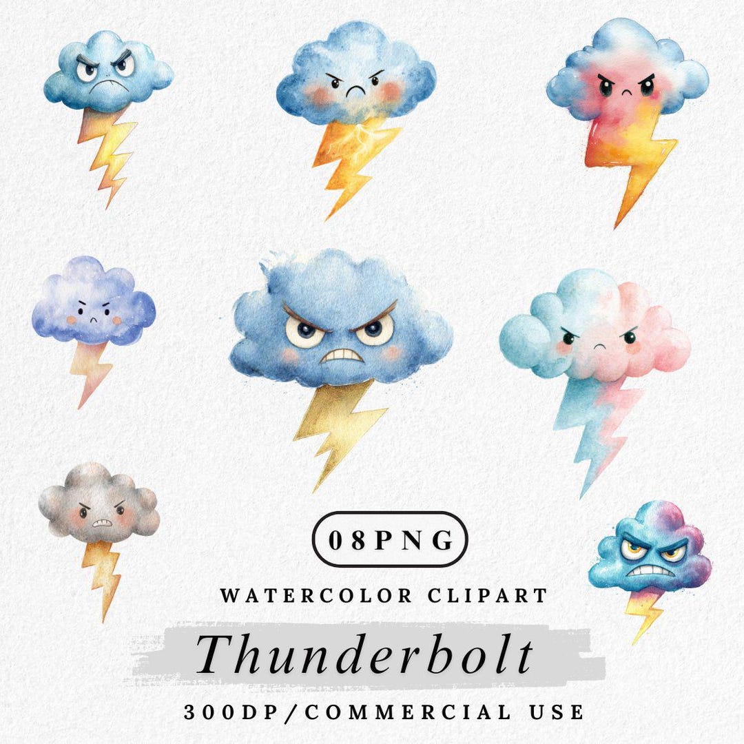 Cartoon Thunderbolt Clipart: Lightning Bolt PNG Bundle (digital ...
