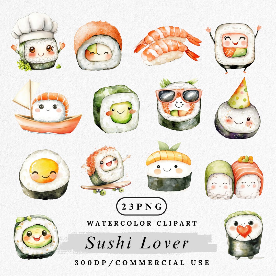 Sushi Clipart Bundle, Cute Sushi Character Pngs, Kawaii Sushi ...