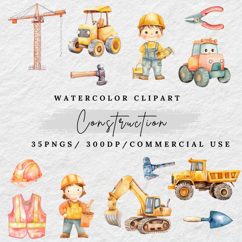 Watercolor Construction Clipart: Trucks, Tools, and Builder (digital ...