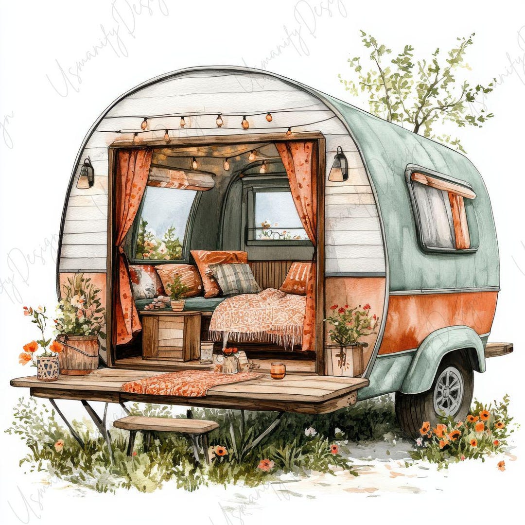 15 Watercolor Camper Clipart, Retro RV and Trailer Art, Cozy Campfire ...