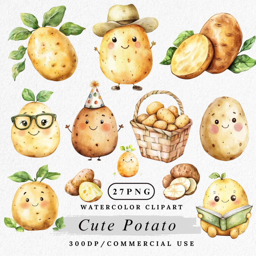 Watercolor Potato Clipart Bundle: Kawaii Vegetable PNG (digital ...