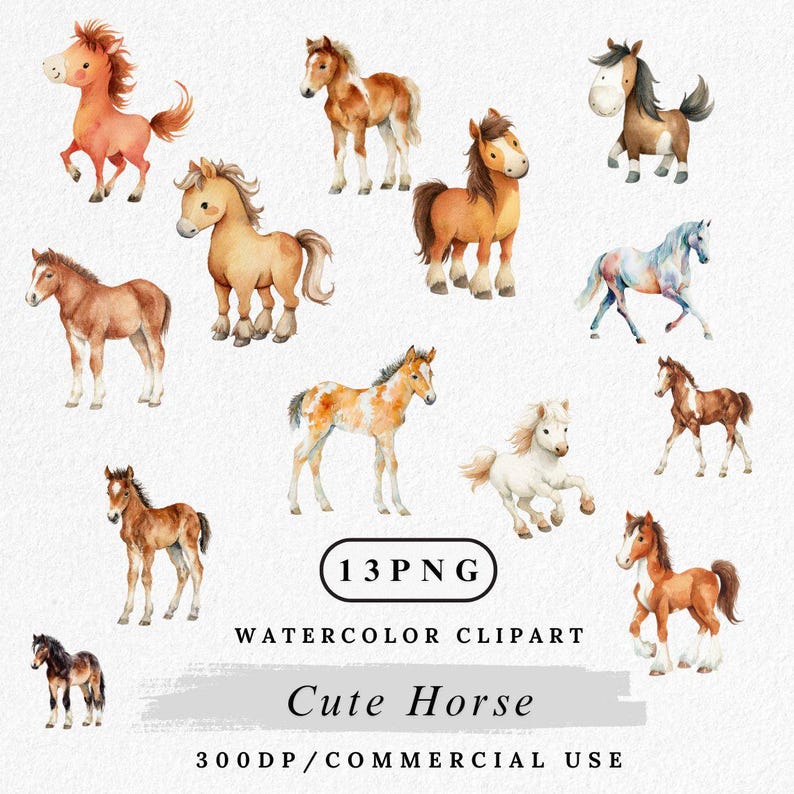 Cute Horse Clipart, Watercolor Pony PNG Bundle, Baby Horse Illustration ...