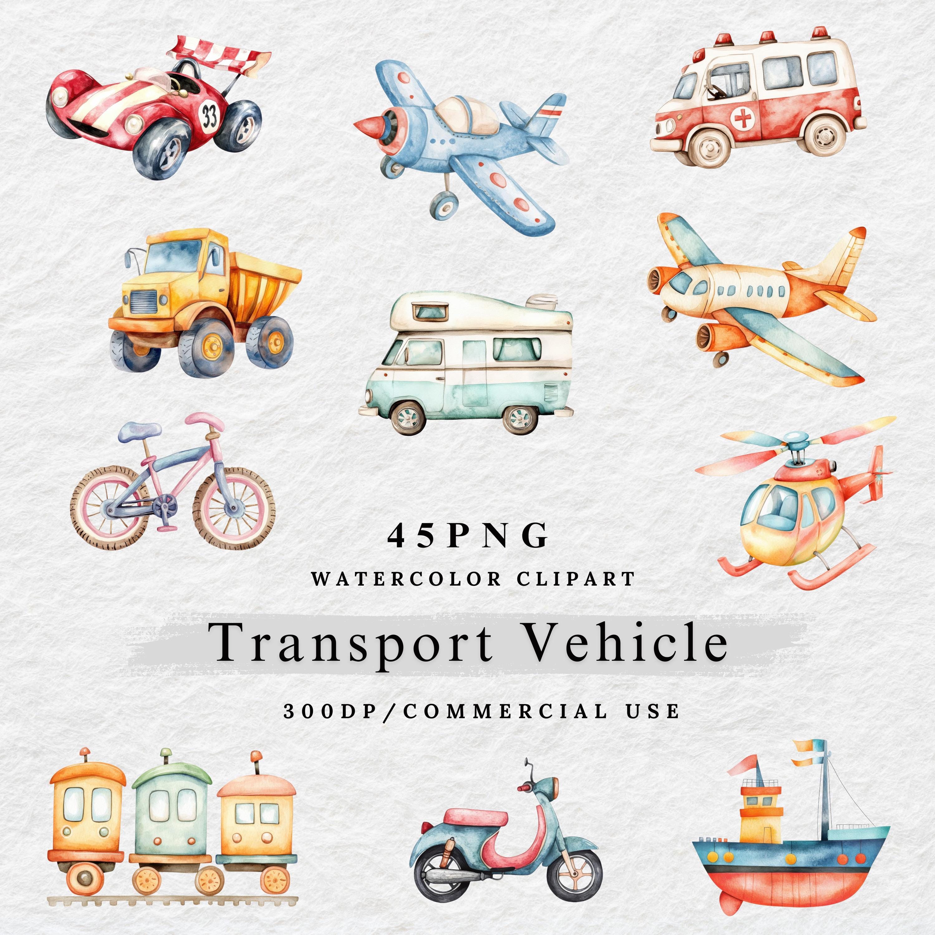 Watercolor Transport Clipart: Vehicle PNG Illustrations (digital File ...
