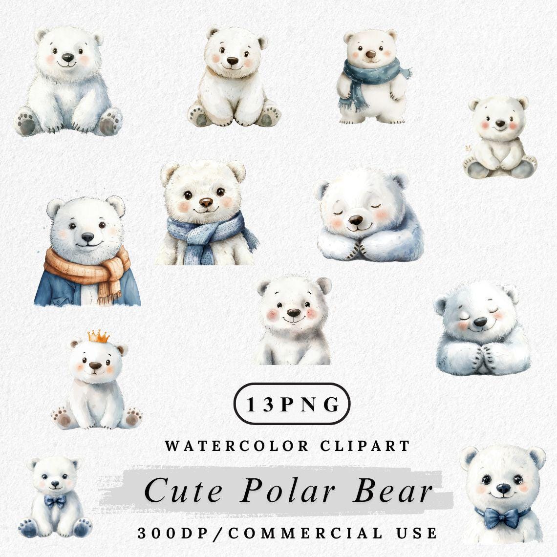 Polar Bear Clipart: Cute Watercolor Winter Animal PNG Bundle, Arctic ...