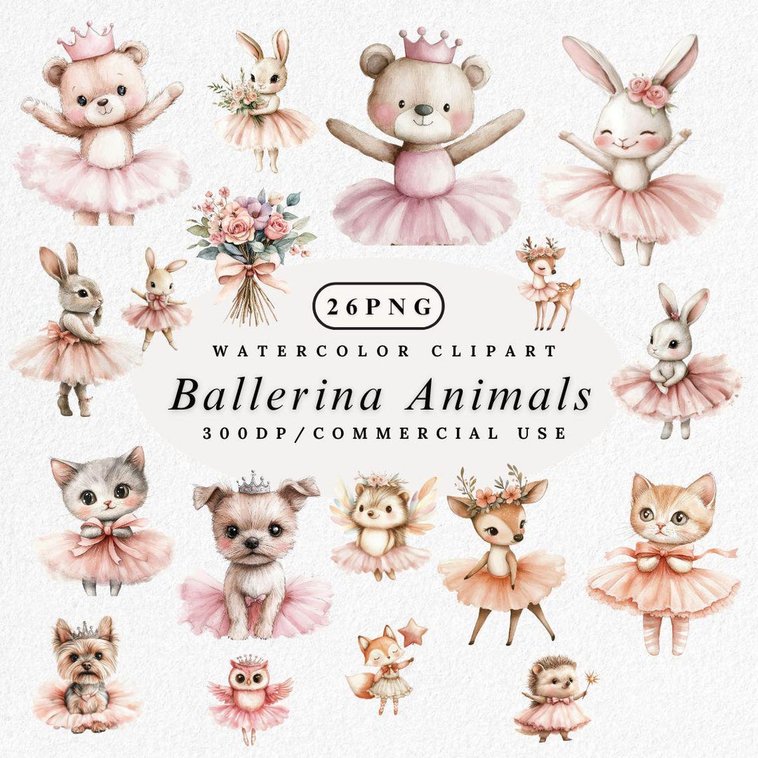 Ballerina Animals Clipart: Watercolor Dance PNG Bundle, Cute Ballet ...