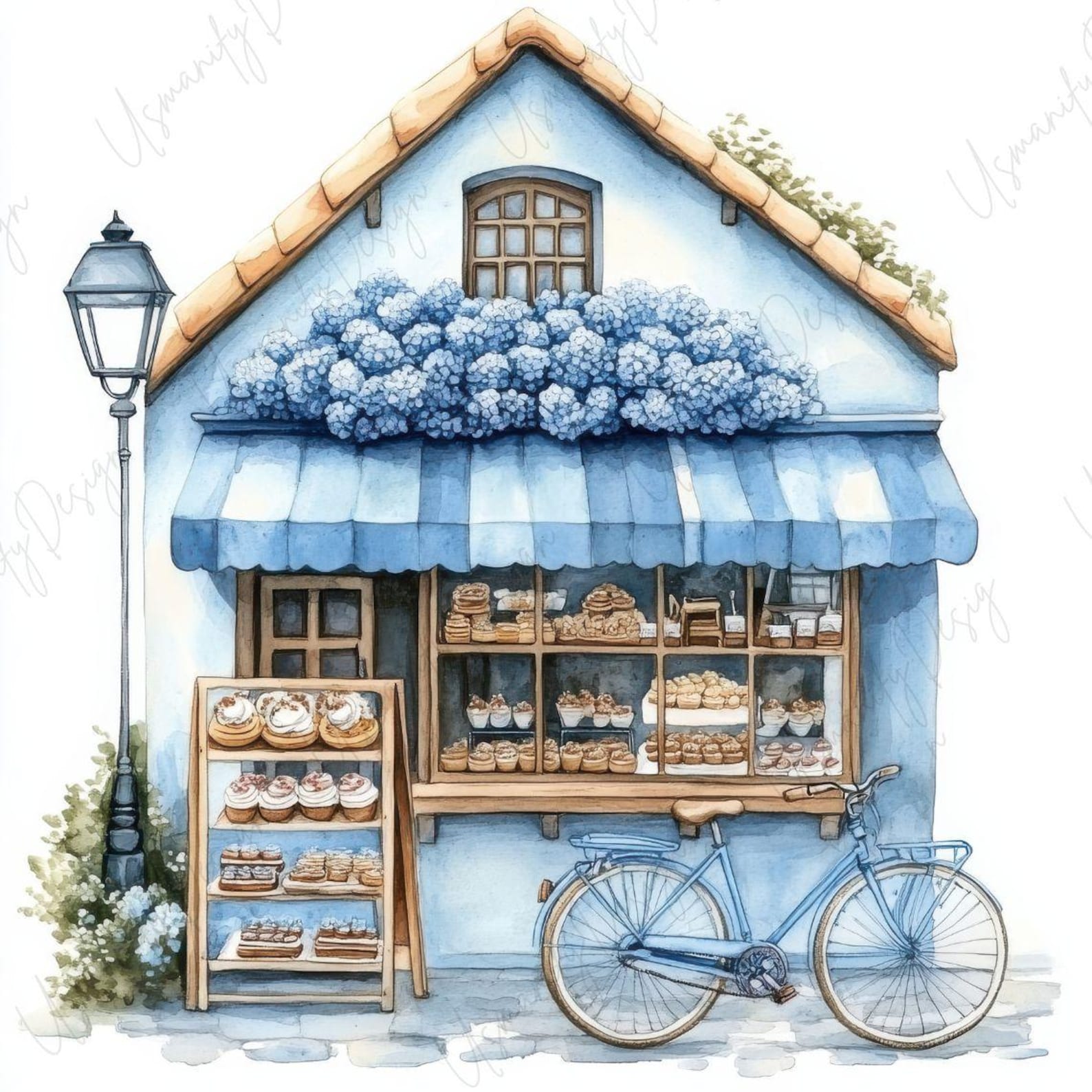 23 Watercolor Blue Storefront Clipart, Cozy Café Shop, European Street ...