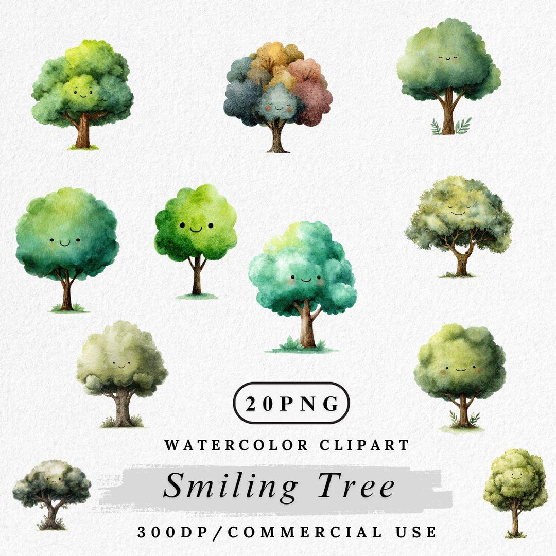 Smiling Tree Clipart, Cute Tree PNG Bundle, Cartoon Nature, Happy ...