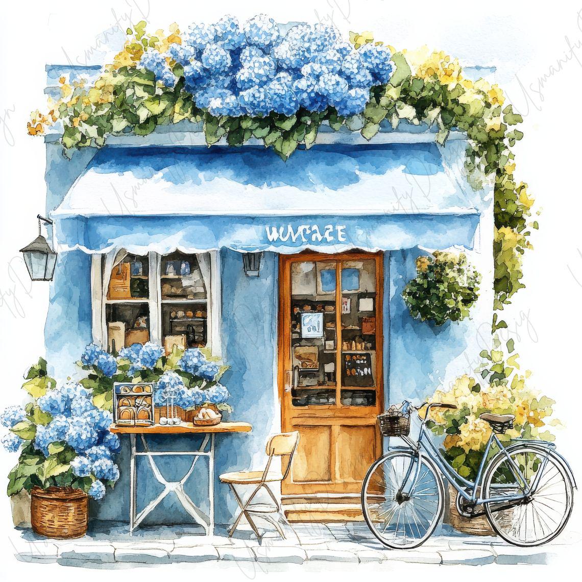23 Watercolor Blue Storefront Clipart, Cozy Café Shop, European Street ...