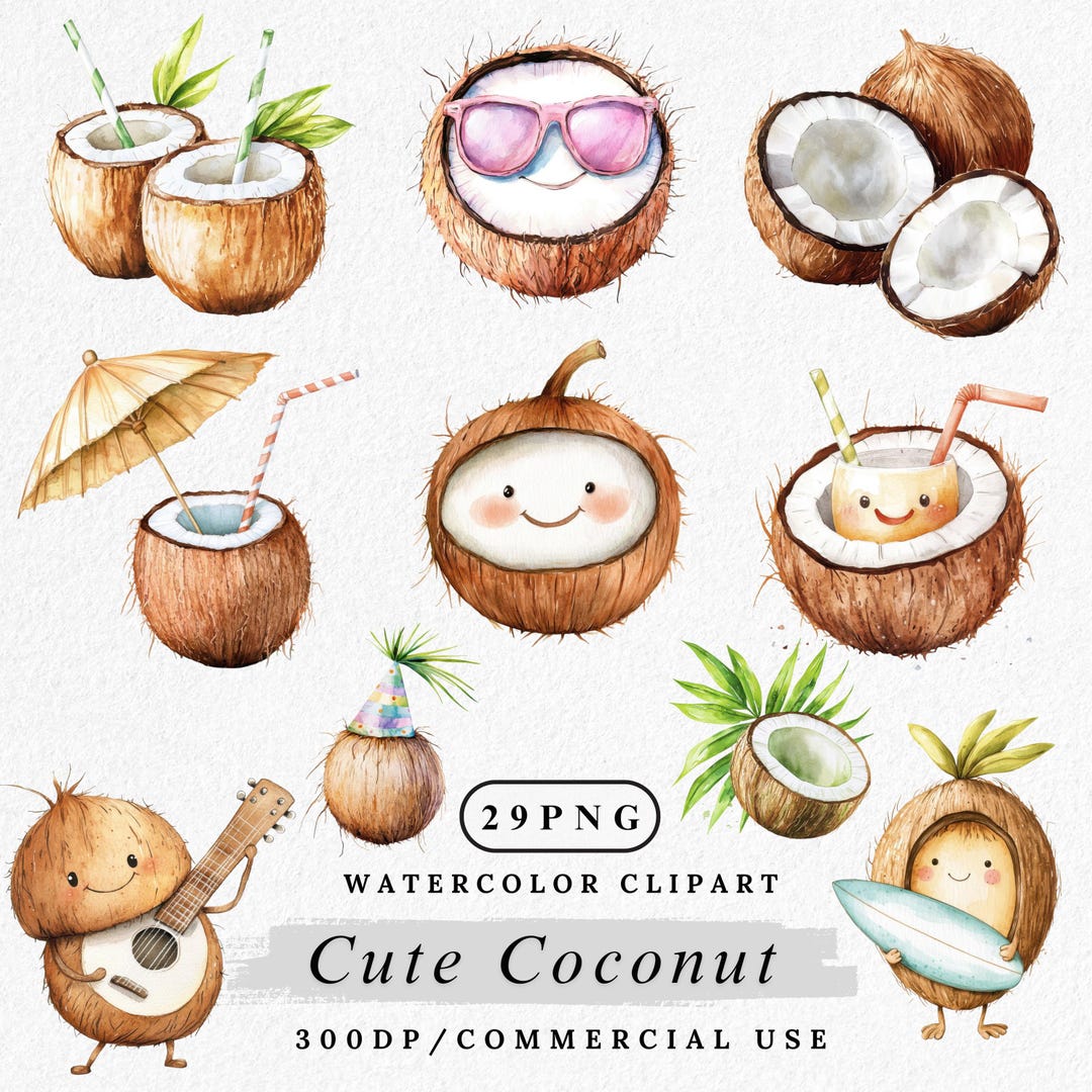 Coconut Clipart Bundle, Cute Coconut Character PNG, Tropical Fruit Art ...