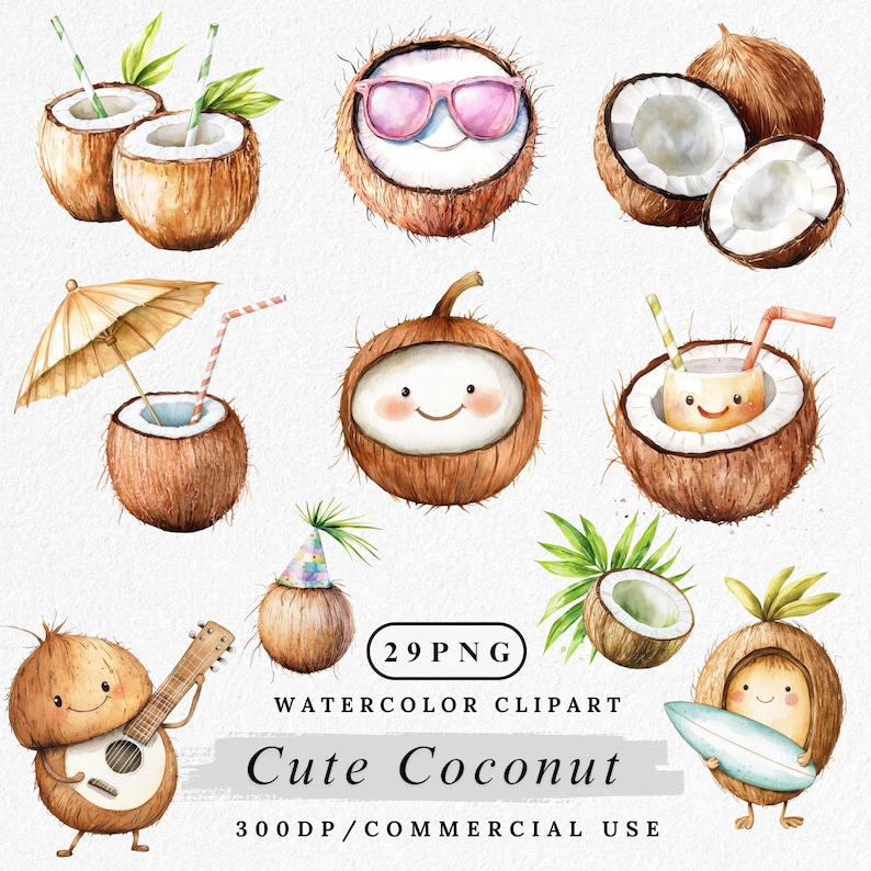 Coconut Clipart Bundle, Cute Coconut Character PNG, Tropical Fruit Art ...