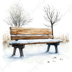 25 Winter Park Bench Clipart, Snowy Landscape Watercolor Art, Cozy ...