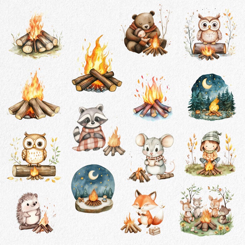 Campfire Clipart With Cute Animal Characters 24 Pngs Kawaii Camping ...
