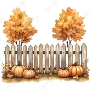 22 Watercolor Autumn Fence Clipart, Fall Pumpkin Fence JPG Art, Rustic ...