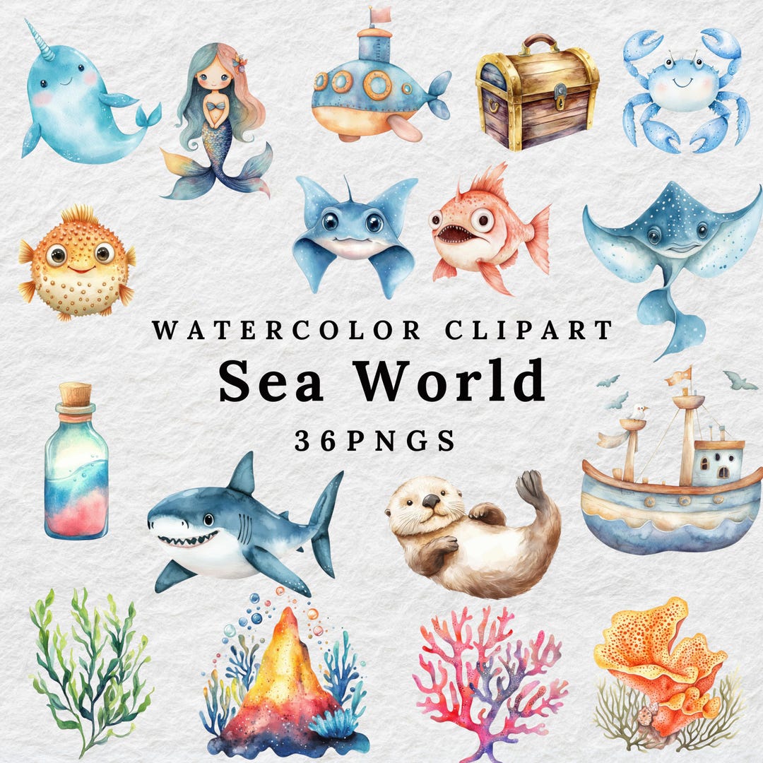 Watercolor Ocean Clipart Bundle, Cute Sea Animals PNG, Underwater ...