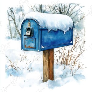 25 Snowy Mailbox Clipart, Watercolor Winter Postbox, Rustic Country Art ...