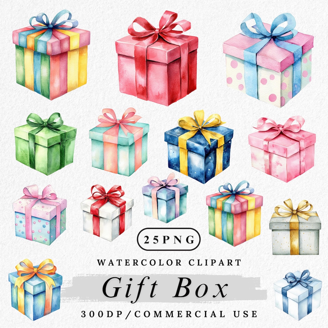 Watercolor Gift Box Clipart: 25 PNG Illustrations (digital Download ...