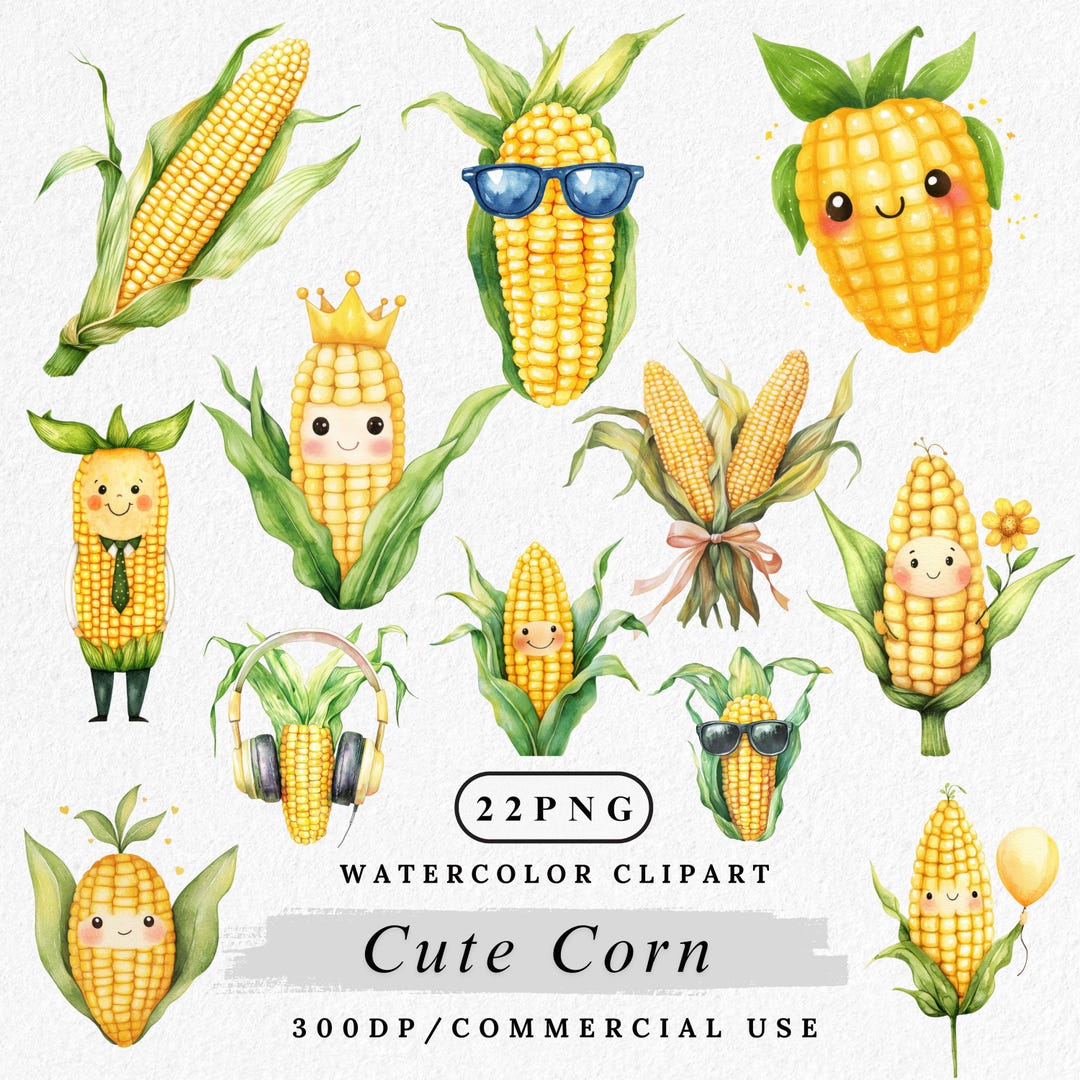 Corn Clipart Bundle, Cute Corn PNG, Kawaii Vegetable Art, Watercolor ...