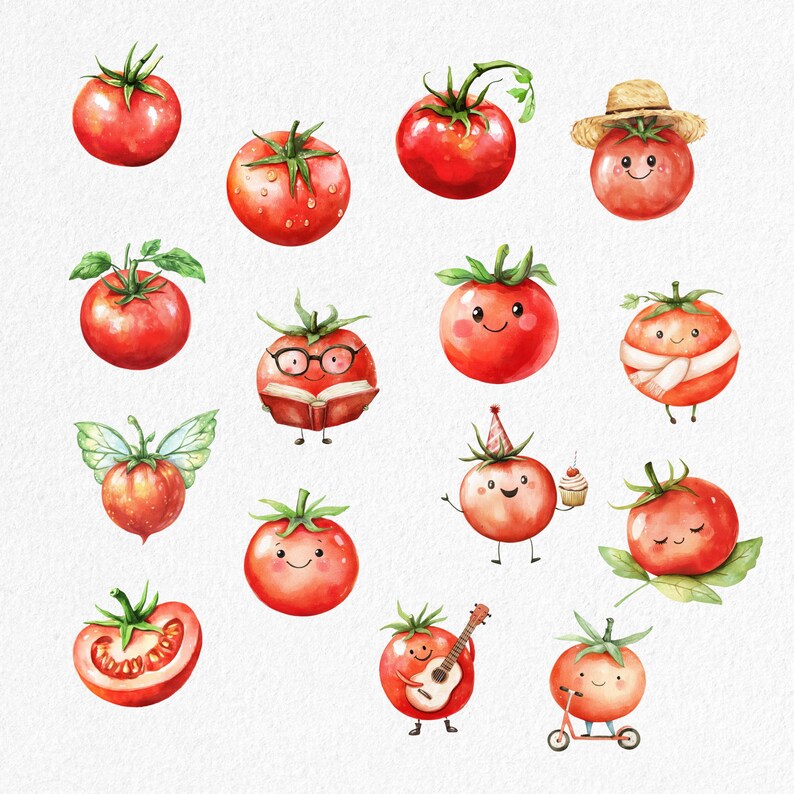 Tomato Clipart Bundle, Cute Tomato Character Pngs, Cartoon Vegetable ...