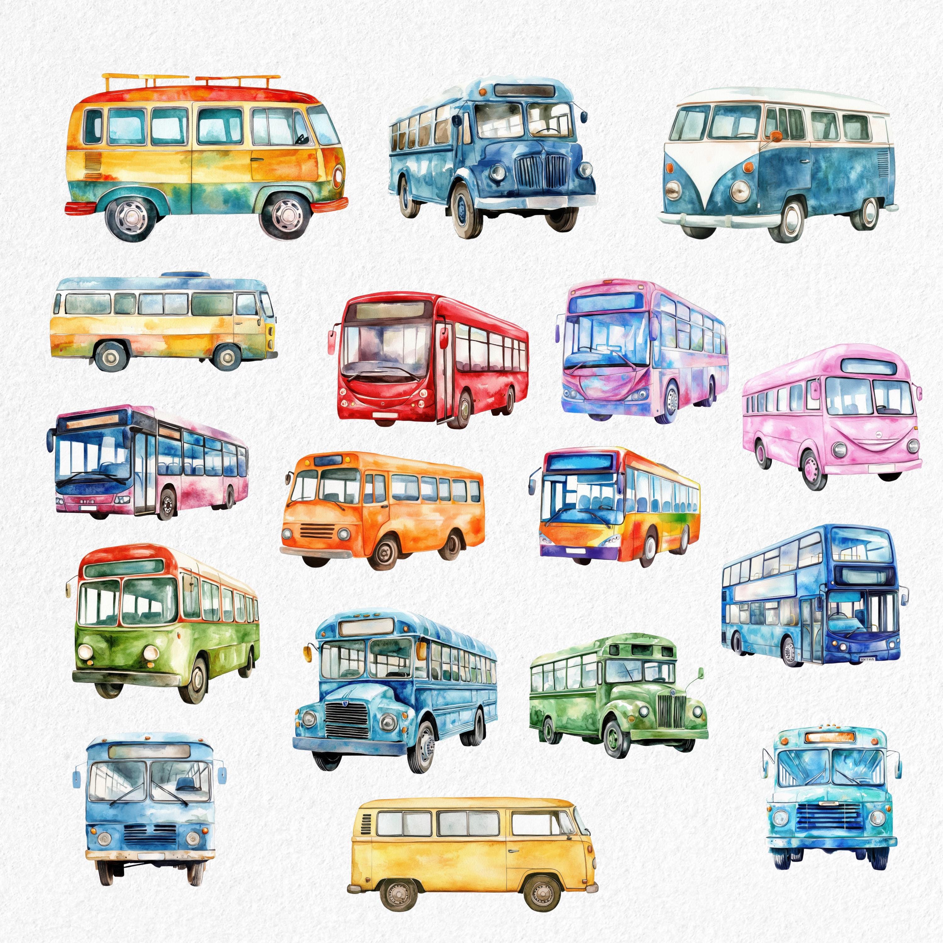 Watercolor Bus Clipart: 32 PNG Graphics (commercial Use, Digital ...