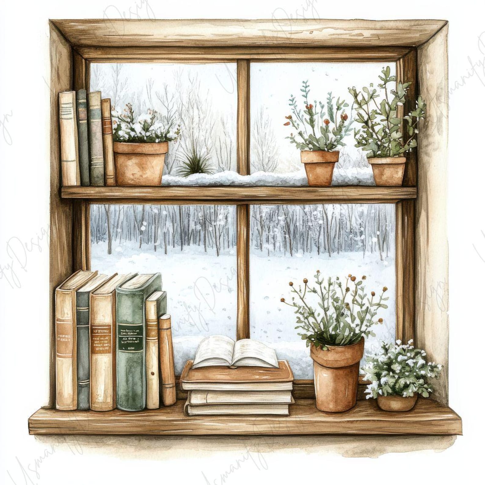 40 Winter Window Scene Clipart, Cozy Cottage View Illustration, Snowy ...