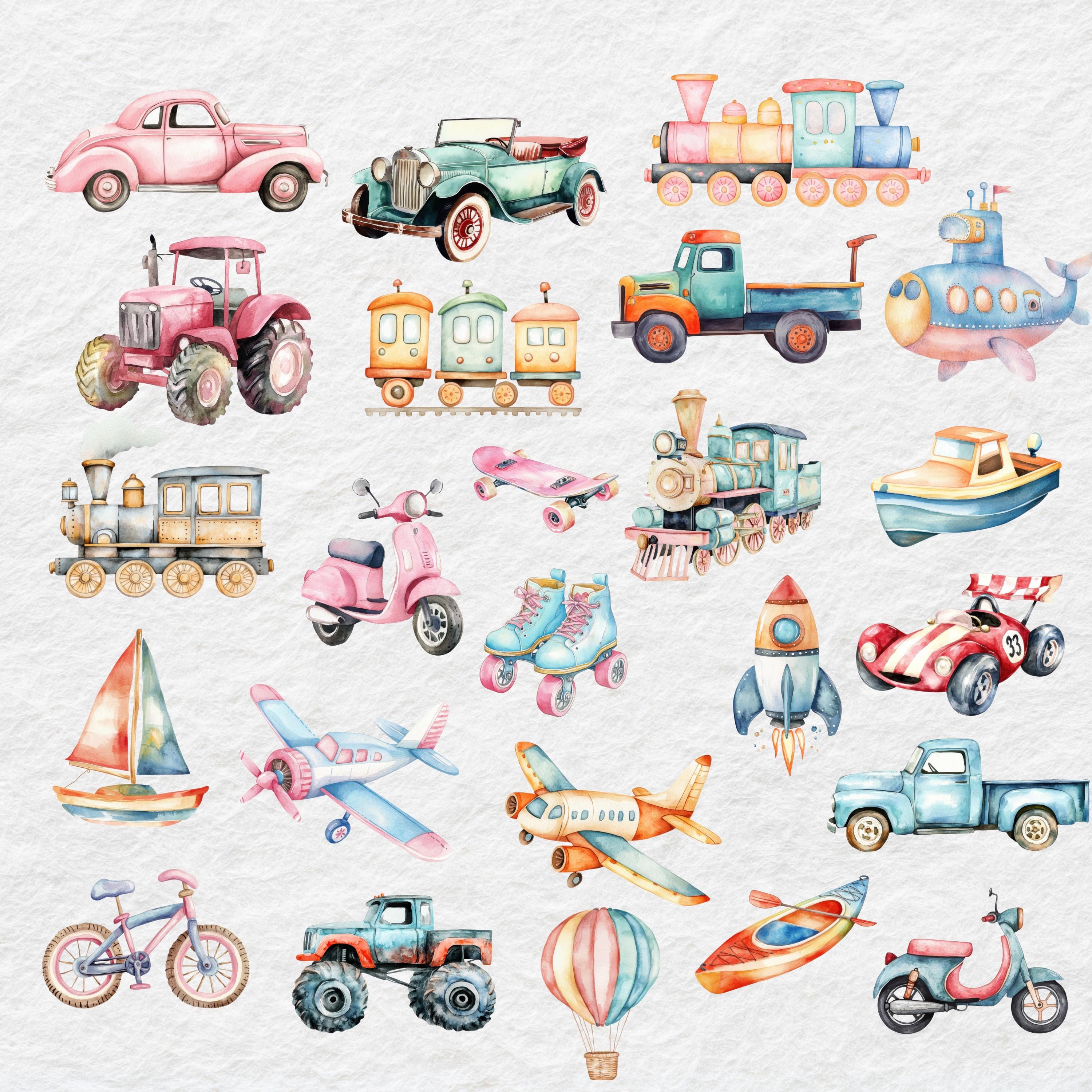 Watercolor Transport Clipart: Vehicle PNG Illustrations (digital File ...