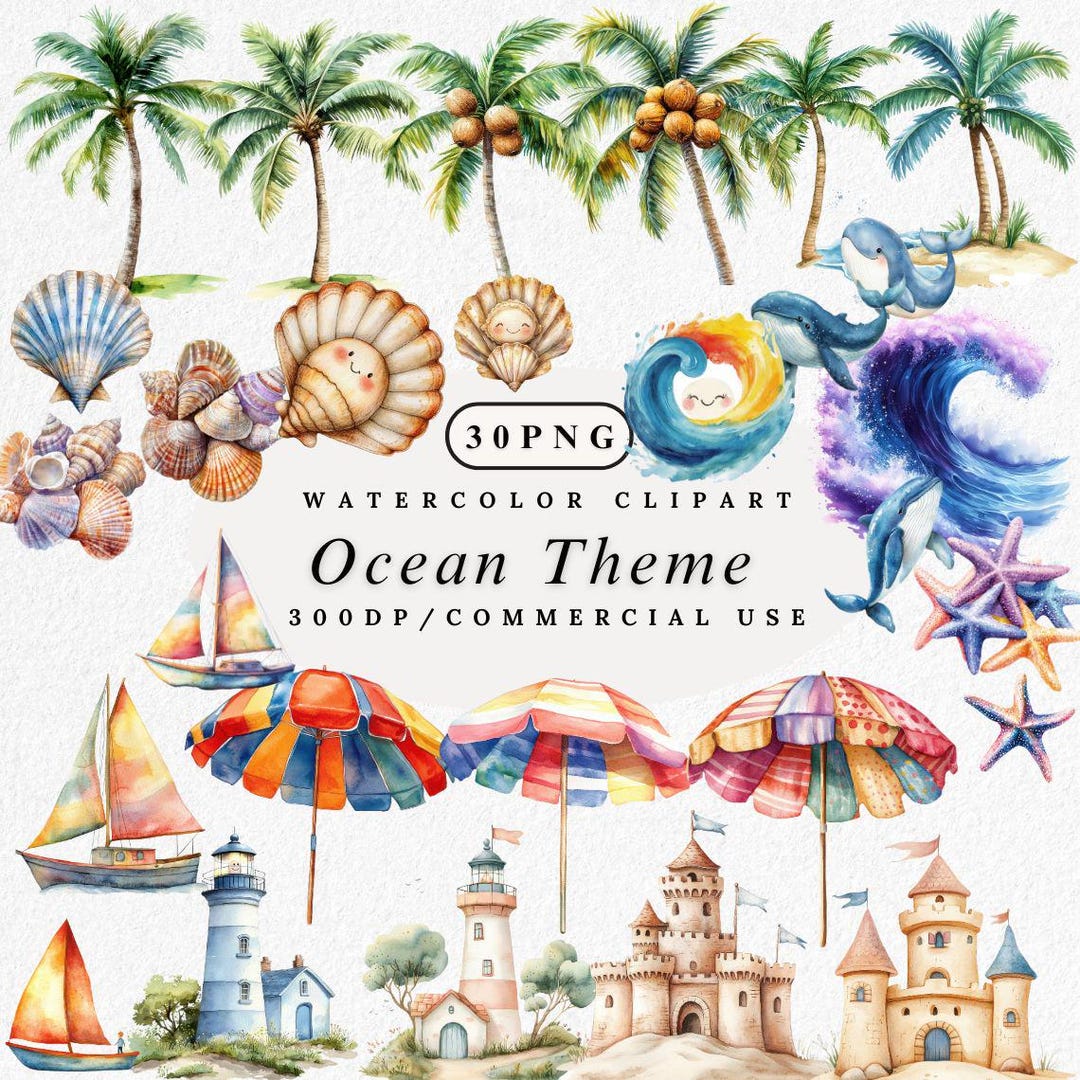 Ocean Theme Clipart: Watercolor Sea Life PNG Bundle, Cute Pine Trees ...