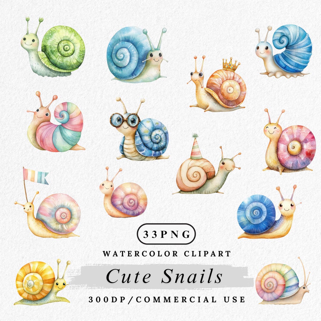 Watercolor Snail Clipart Bundle, Cute Snail Characters PNG, Watercolor ...
