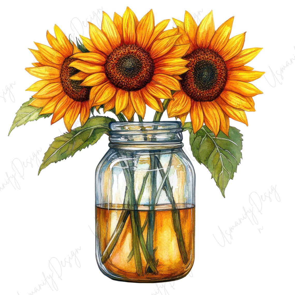 21 Watercolor Sunflower Mason Jar Clipart PNG, Yellow Floral Bouquet ...