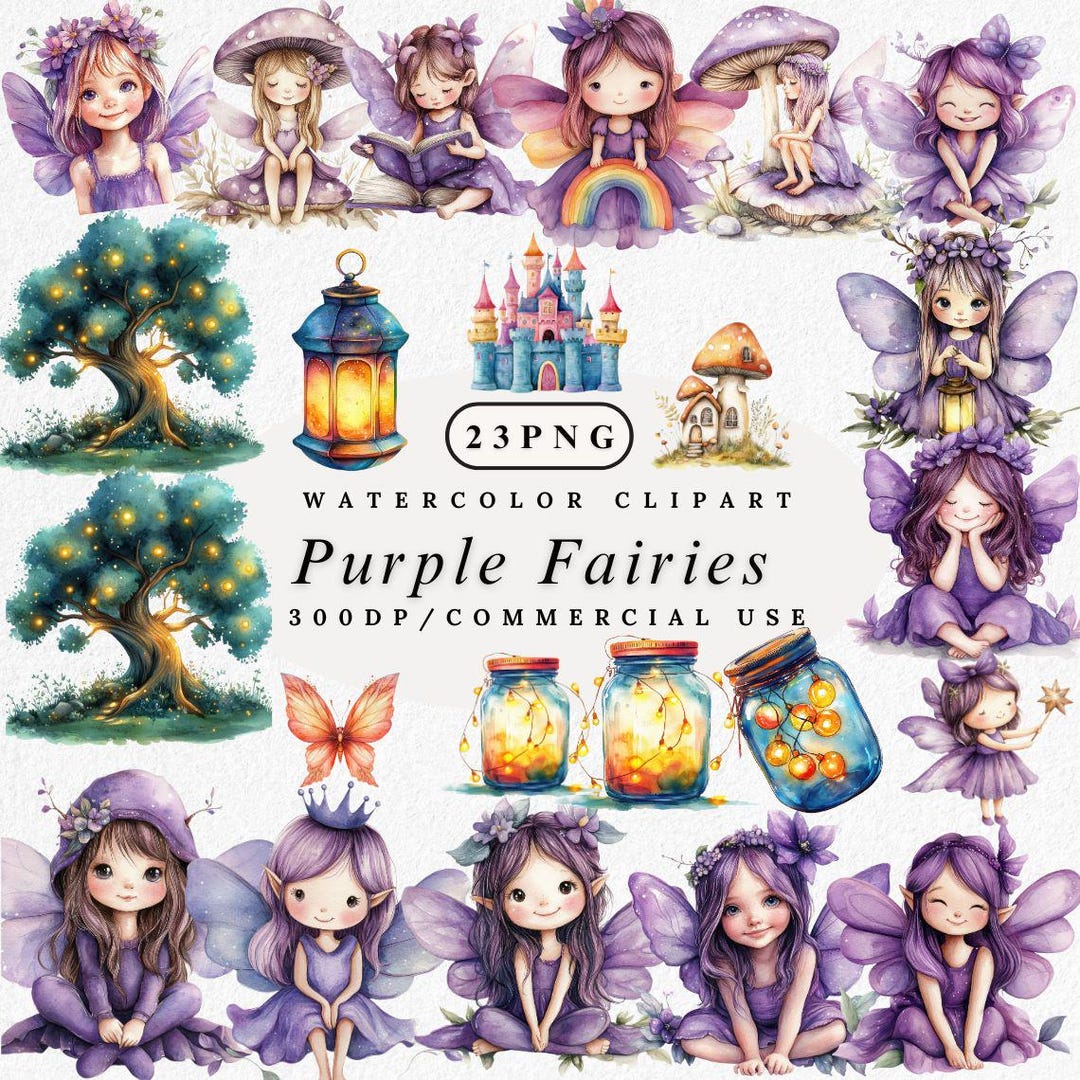 Purple Fairies Clipart: Watercolor Fantasy PNG Bundle, Magical Fairy ...