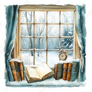 40 Winter Window Scene Clipart, Cozy Cottage View Illustration, Snowy ...