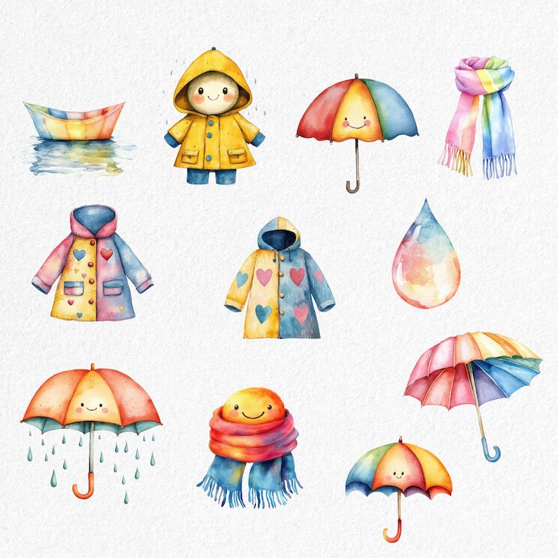 Rainy Day Clipart: Watercolor Weather PNG Bundle, Cute Umbrella and ...