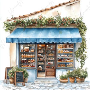 23 Watercolor Blue Storefront Clipart, Cozy Café Shop, European Street ...
