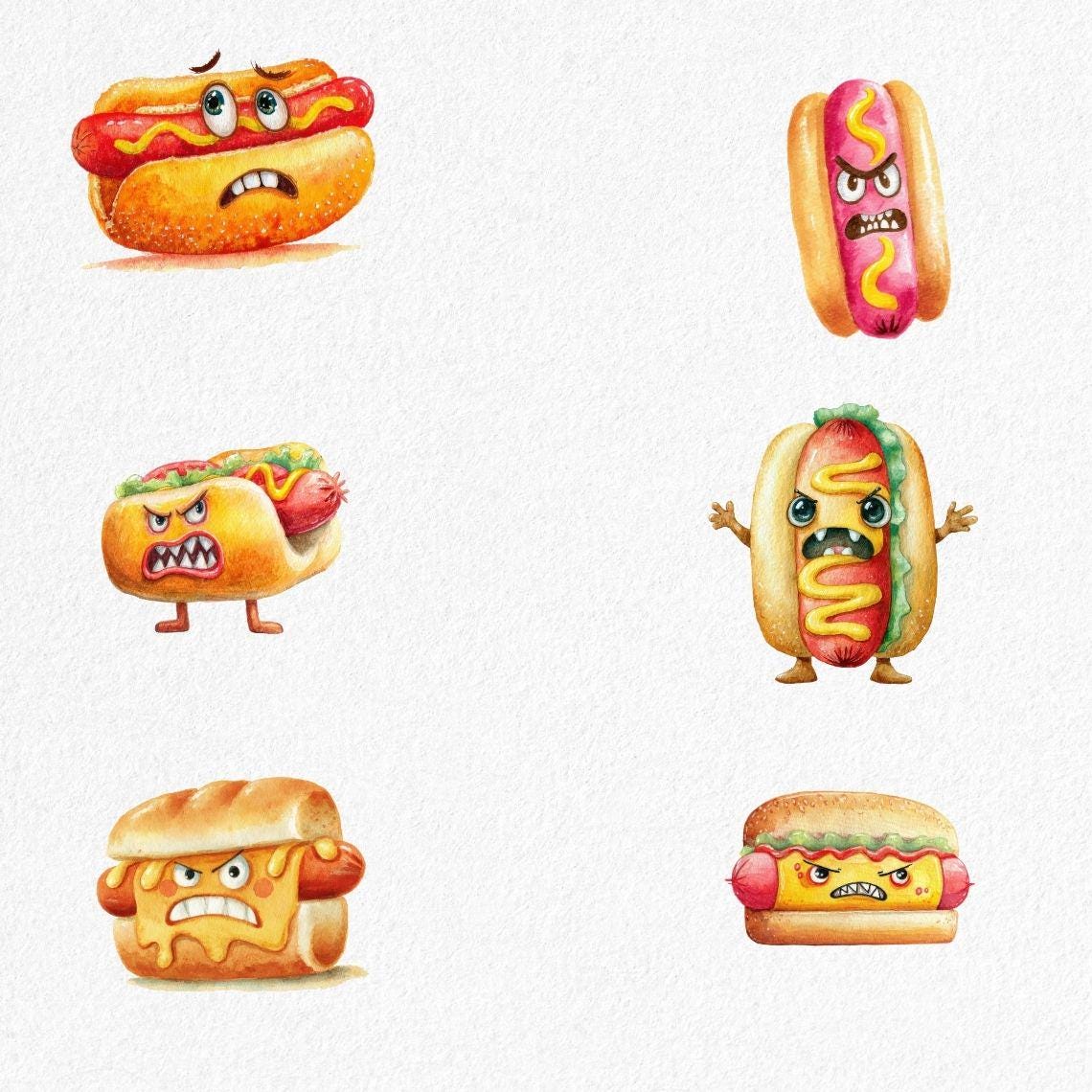 Funny Angry Hot Dog Clipart: Cartoon Food PNG Bundle (digital Download ...