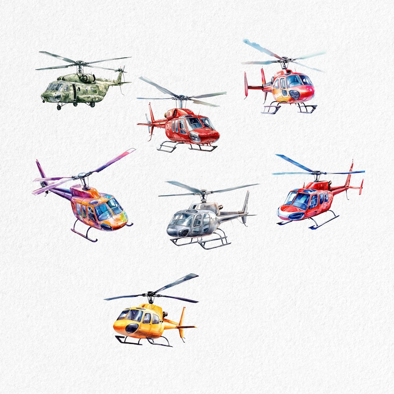 Watercolor Helicopter Clipart: Aviation PNG Graphics (digital Download ...