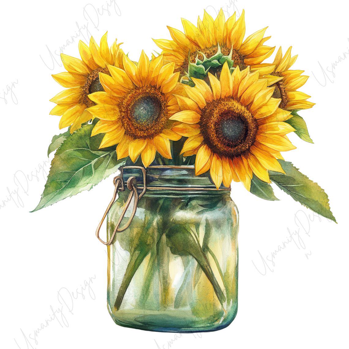 21 Watercolor Sunflower Mason Jar Clipart PNG, Yellow Floral Bouquet ...