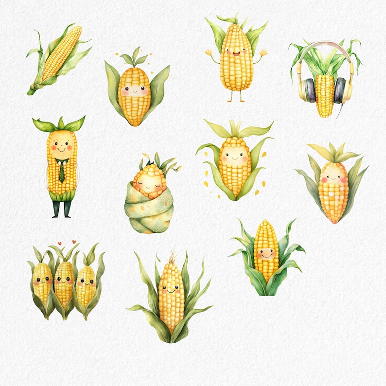 Corn Clipart Bundle, Cute Corn PNG, Kawaii Vegetable Art, Watercolor Corn on the Cob Art ...