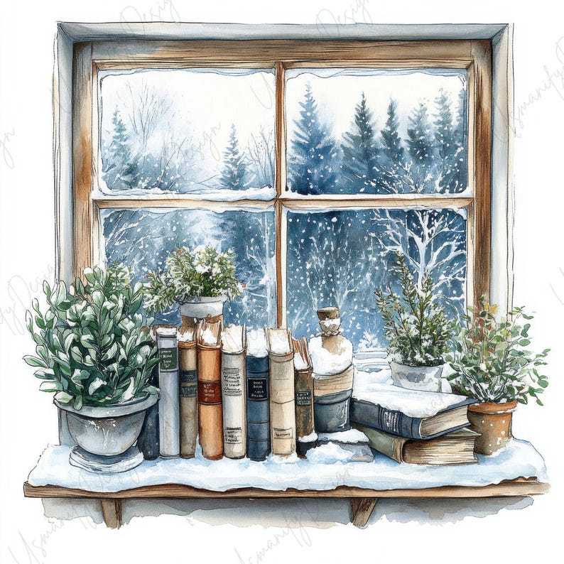 40 Winter Window Scene Clipart, Cozy Cottage View Illustration, Snowy ...