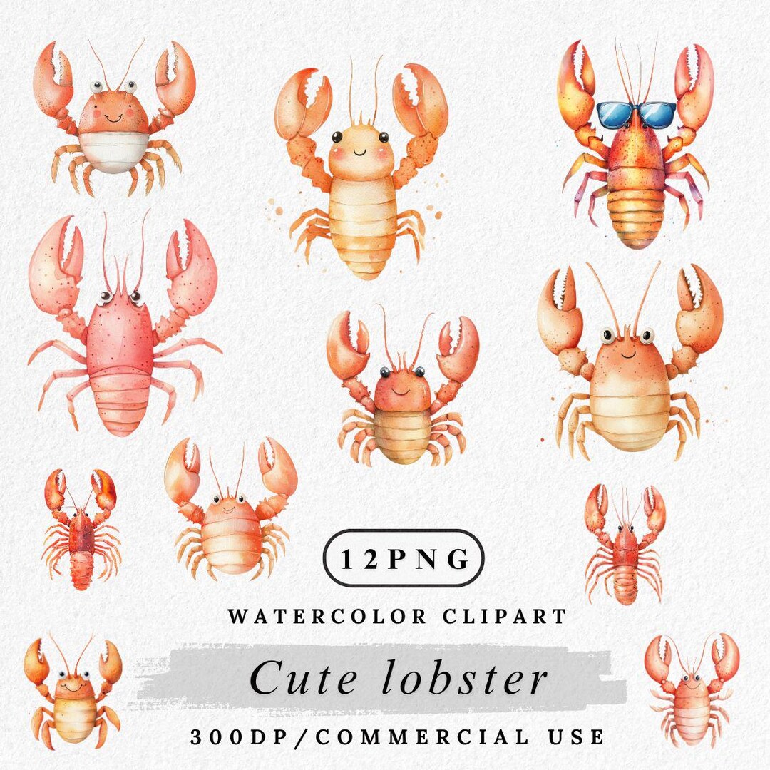 Lobster Clipart: Cute Watercolor Sea Animal PNG Bundle, Ocean Marine ...