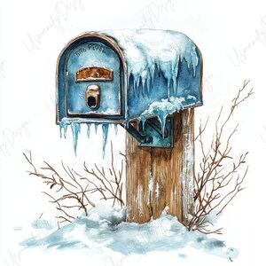 25 Snowy Mailbox Clipart, Watercolor Winter Postbox, Rustic Country Art ...