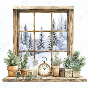 40 Winter Window Scene Clipart, Cozy Cottage View Illustration, Snowy ...