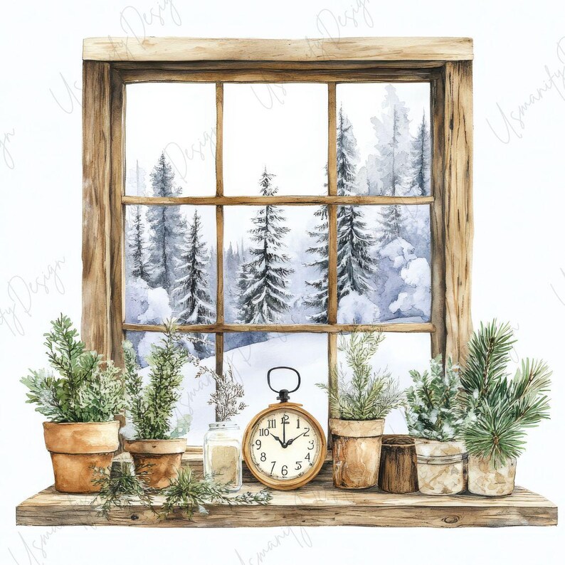 40 Winter Window Scene Clipart, Cozy Cottage View Illustration, Snowy ...
