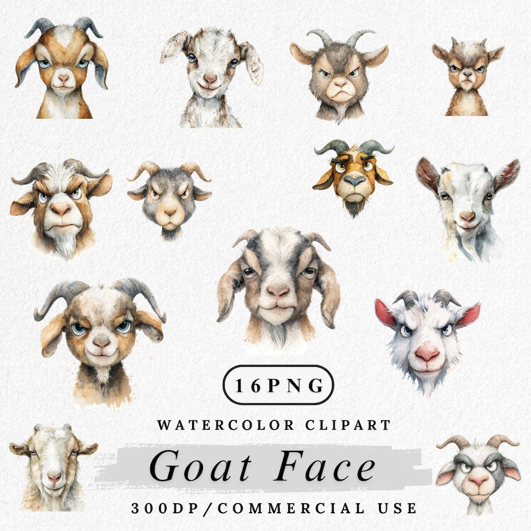 Goat Face Clipart Bundle: Cute Farm Animal PNG Set, Cartoon Goat ...